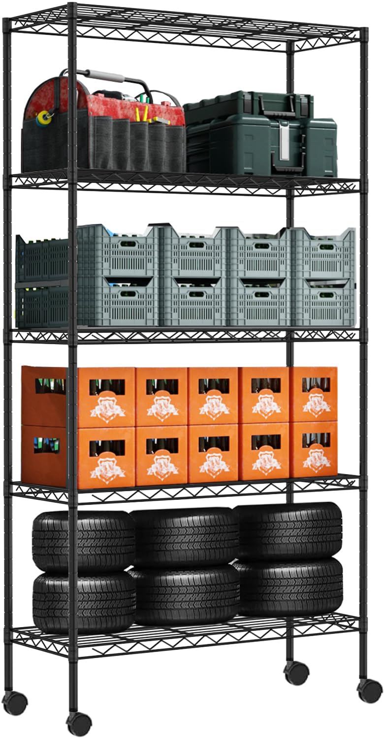 BSTOPHKL Wire Shelving Storage Shelf 5 Tier Wire Shelves Unit, 1500lbs Capacity Adjustable Rolling Metal Racks with Wheels,Metro Shelving Heavy Duty for Kitchen, 30" D x 14" W x 60" H, Black