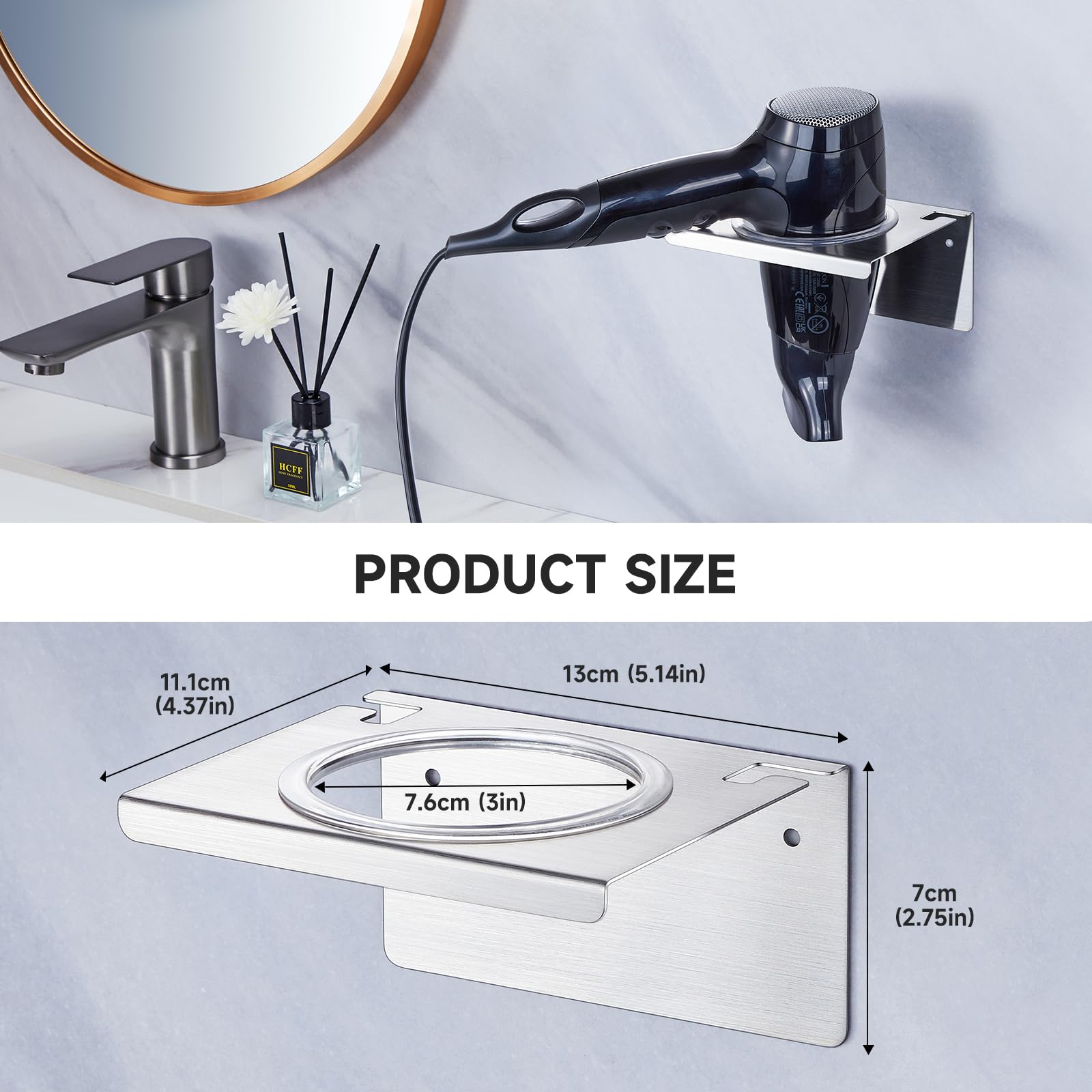 Hair Dryer Holder Wall Mounted, Hair Tool Organizer for Blow Dryer Holder Stainless Steel, Bathroom Hairdryer Holder, Adhesive Hair Dryer Organizer Storage, Hair Dryer Hanger for Vanity Barber Shops