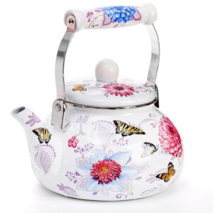 yopay enamel tea kettle vintage 2.6quart, enameled floral teapot with cool ceramic handle for stovetop, hot water, gift, retro decor, flower butterfly pattern, no whistling