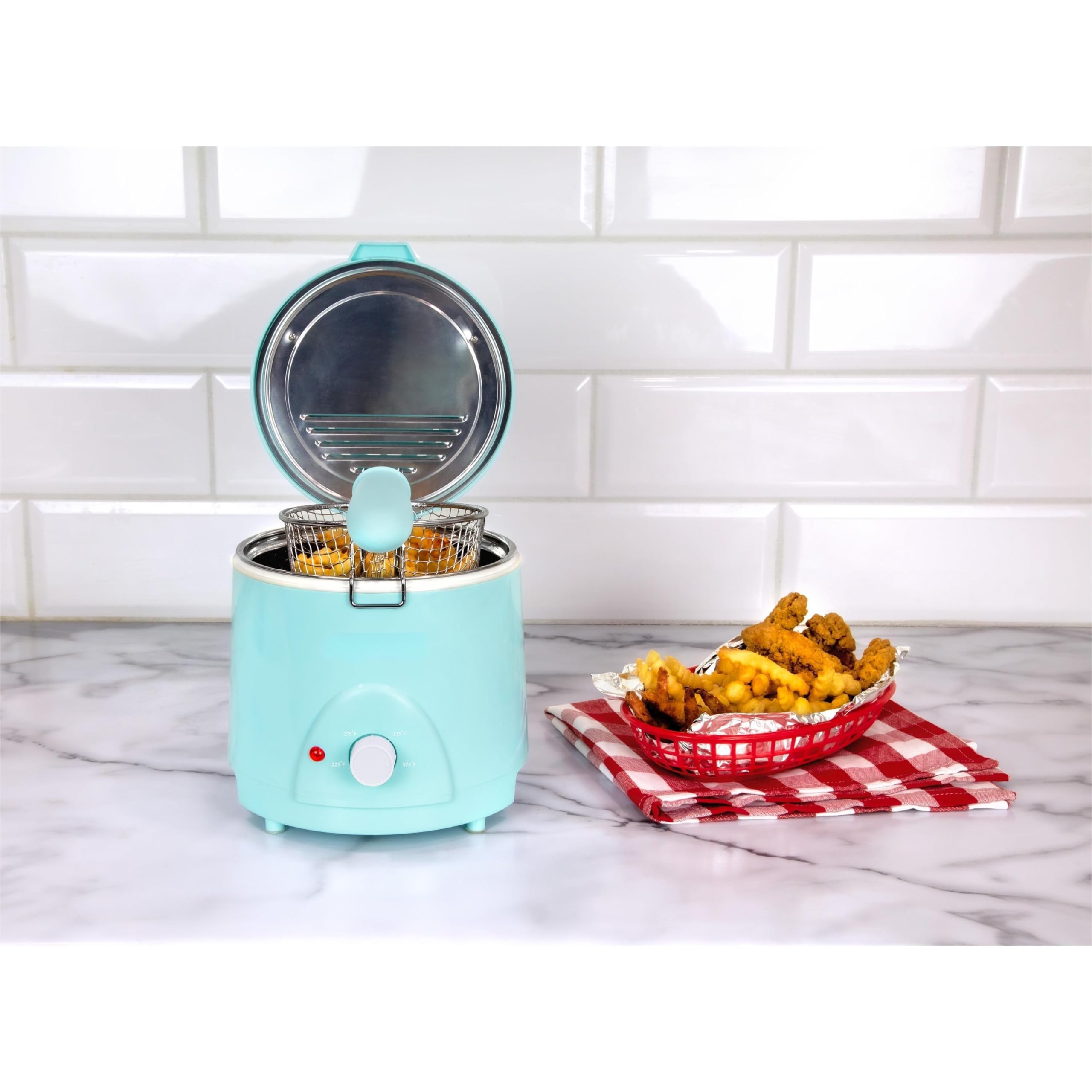 NEW 1.5-QUART DEEP FRYER, BLUE,120°F TO 400°F HEAT, SPACE-SAVING DESIGN, COOK OTHER MEATS, FISH, VEGGIES, CAKES, FRUITS, AND SO MUCH MORE, COOK YOUR FAVORITE DEEP-FRIED FOODS QUICKLY AND EFFICIENTLY.