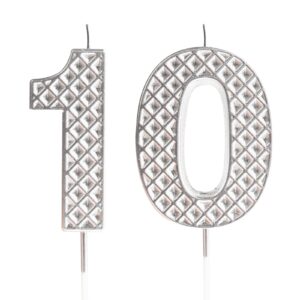 yiran silver waffle pattern birthday candles, number 10 candles, happy 10th birthday candle, 3d design cake topper decorations for teenagers pet birthday party cake anniversary celebration supplies