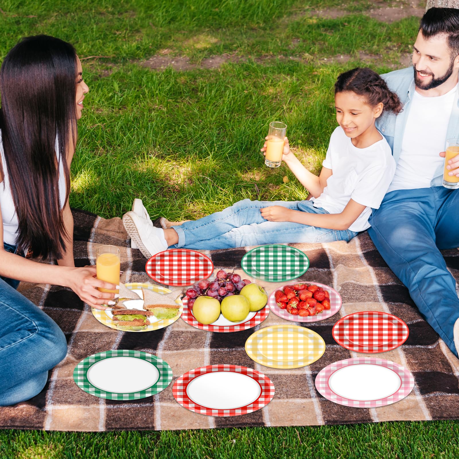 ojustbeok 48 Pcs Camp Gingham Paper Plates Gingham Checkered Bachelorette Party Supplies Glamping Birthday Dinner Plates Summer Bridal Shower Decorations Camping Themed Party Favors Baby Shower