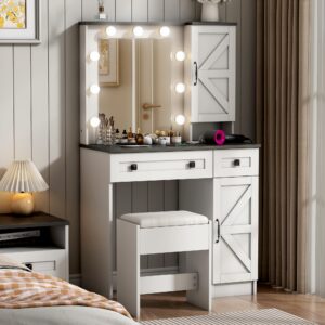 31.5" makeup vanity desk with mirror and light, farmhouse white vanity with power outlet 2 drawers, 3 color lighting mode, bedroom vanity desk for girl, women (31.5inch)