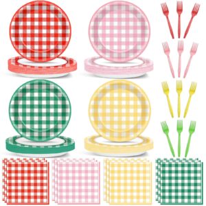 ojustbeok 96 pcs camp gingham paper plates and napkins gingham checkered bachelorette party supplies glamping birthday tableware set summer plaid camping themed party favors baby bridal shower