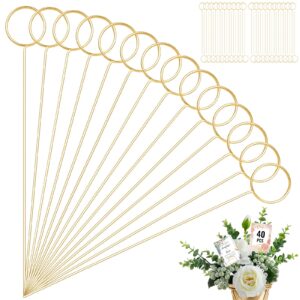 gaohui 40pcs gold floral picks, metal card holder, 13.18 inch bouquet holder for floral arrangements, flower favor photo holders place card holder for wedding party