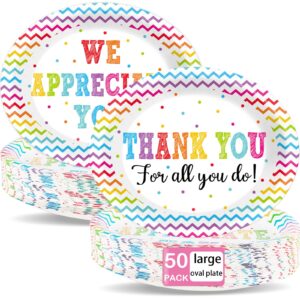 50 pcs thank you party decoration we appreciate you oval paper plates 11inch large volunteer teacher appreciation platters, be thankful to teacher doctor staff dish tray for graduate party tableware