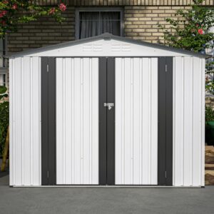 spoway 8 x 6 ft outdoor storage shed, metal storage shed with swinging double lockable doors, waterproof outdoor galvanized steel garden shed for backyard, patio lawn and outside use, white