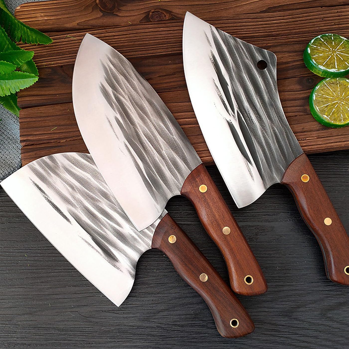 JOAWSOME 3PCS Butcher Cleaver Knife Set for Meat Cutting Serbian Chef Knife For Kitchen Outdoor BBQ Camping Birthday Thanksgiving Christmas Gift Idea Men