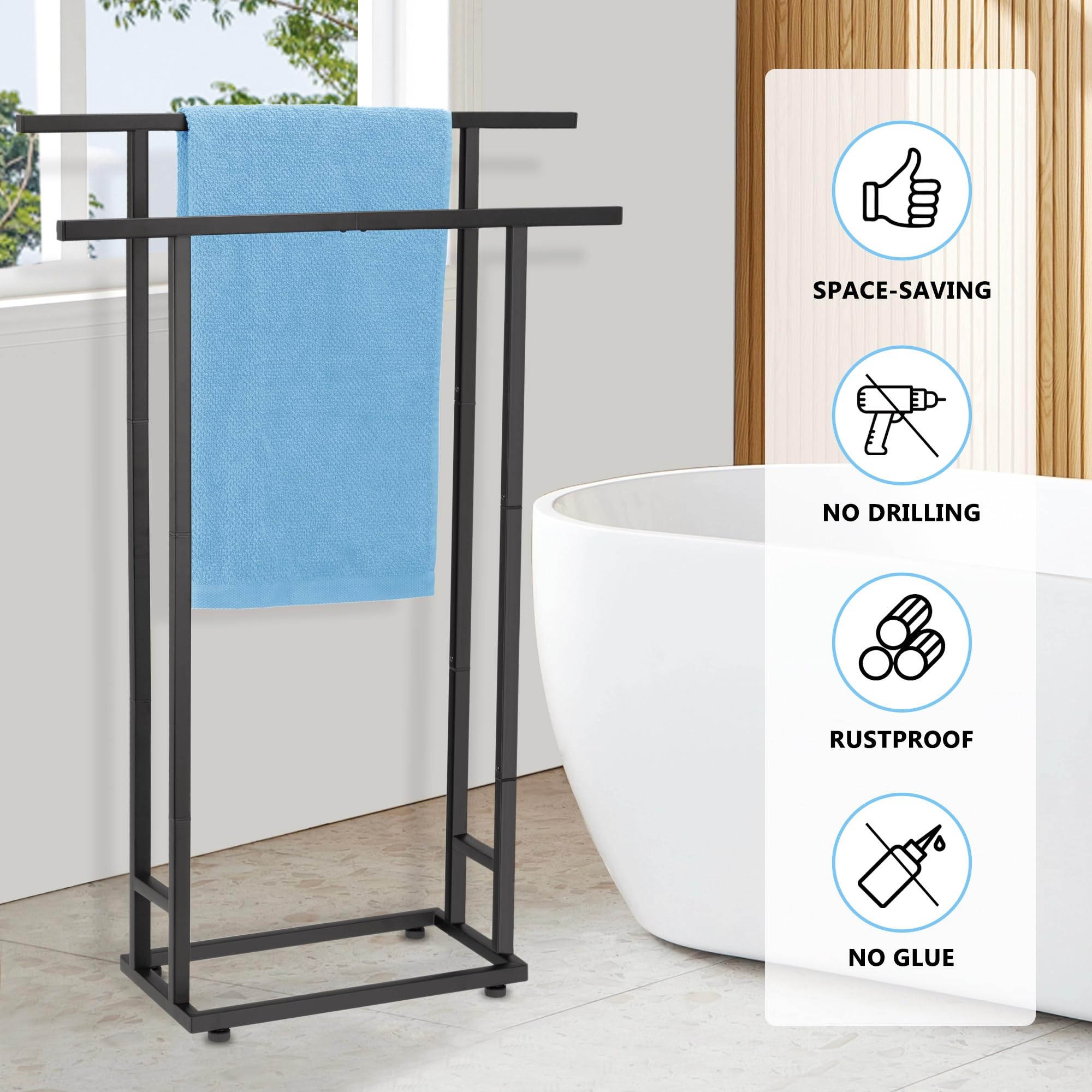 Standing Towel Racks for Bathroom, 2 Tier Bathroom Floor Free Standing Towel Rack, Tall Enough Pool Towel Rack Outdoor Stand for Drying Storage Towels, Black Freestanding Blanket Holder, ALHAKIN