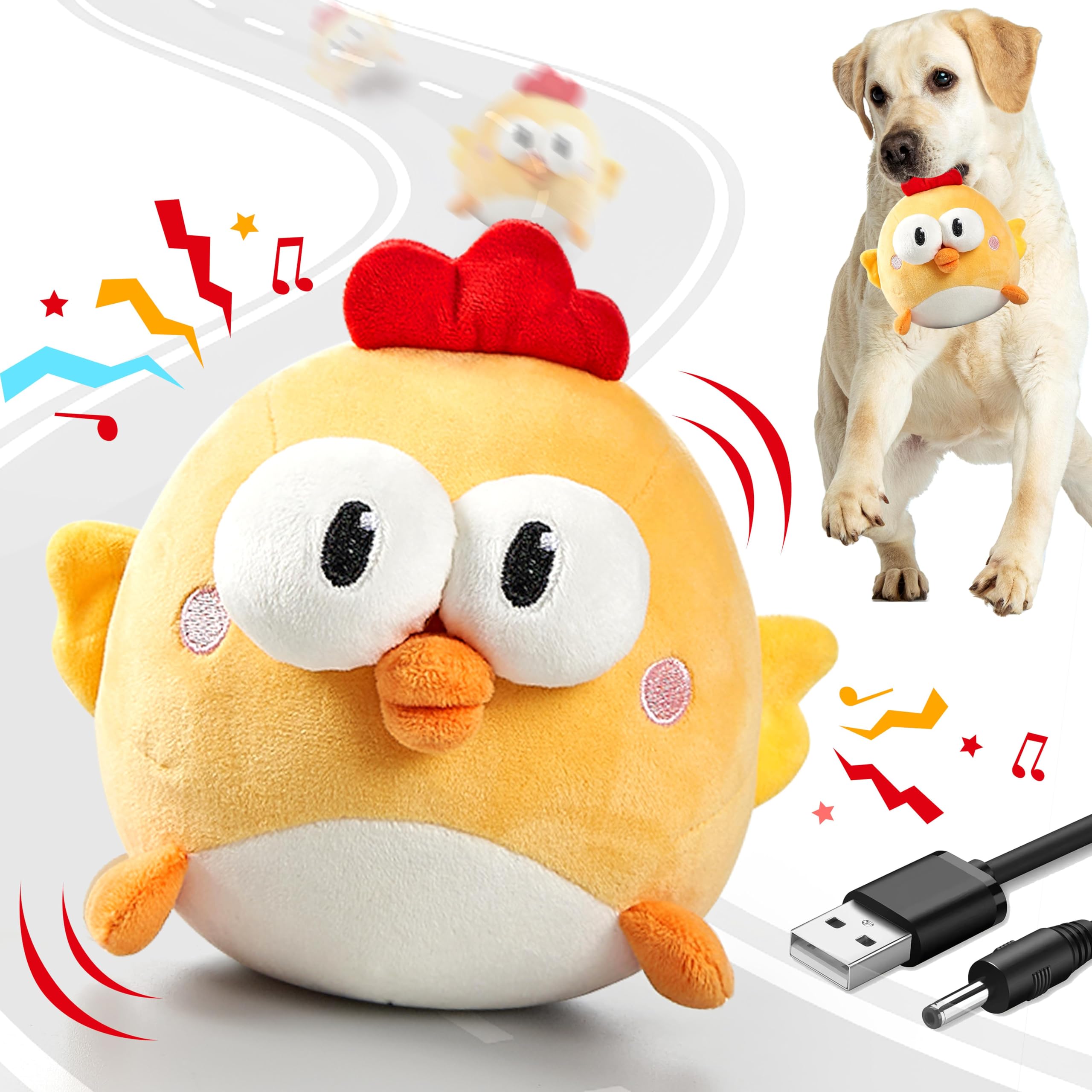 GUKCO Interactive Dog Toys, Squeaky Dog Toys with Interactive Dog Ball, Rechargeable Crinkle Dog Chew Toys Pet Plush Toys for Small Medium Large Dog Toys to Keep Them Busy Jumping Music Mode(Chick)