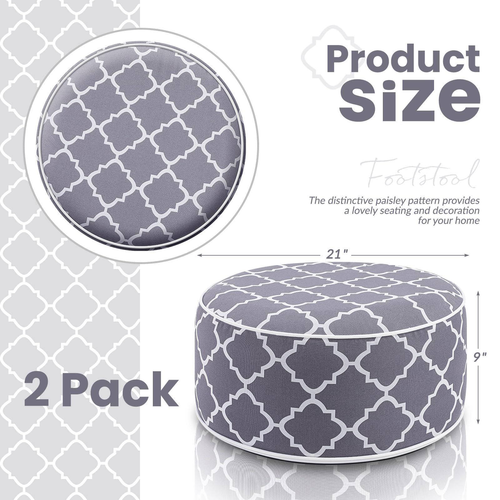 Juexica 2 Pack Outdoor/Indoor Inflatable Ottoman, All Weather Round Pouf with Handle D21 x H9, Water Repellent Portable Footstool Pouf for Patio Garden Camping or Home