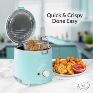 NEW 1.5-QUART DEEP FRYER, BLUE,120°F TO 400°F HEAT, SPACE-SAVING DESIGN, COOK OTHER MEATS, FISH, VEGGIES, CAKES, FRUITS, AND SO MUCH MORE, COOK YOUR FAVORITE DEEP-FRIED FOODS QUICKLY AND EFFICIENTLY.