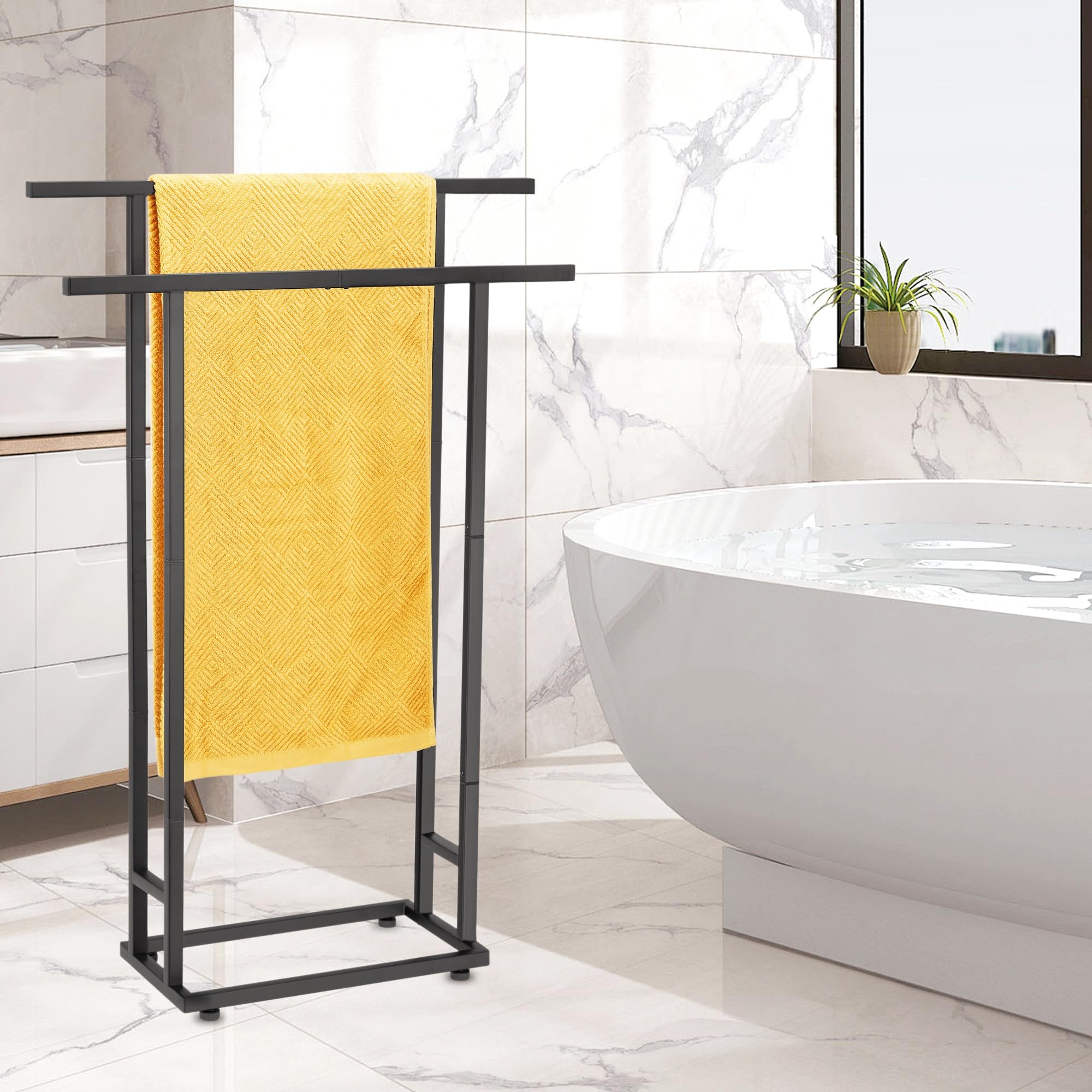 Standing Towel Racks for Bathroom, 2 Tier Bathroom Floor Free Standing Towel Rack, Tall Enough Pool Towel Rack Outdoor Stand for Drying Storage Towels, Black Freestanding Blanket Holder, ALHAKIN