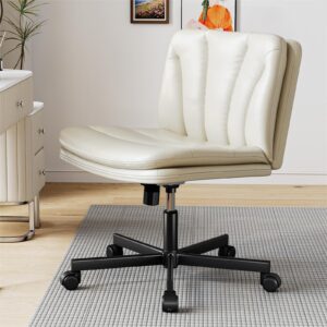 sytas criss cross chair with wheels, vanity desk chair with double-layer back & cushion, pu leather armless cross legged wide chair adjustable chair for home office