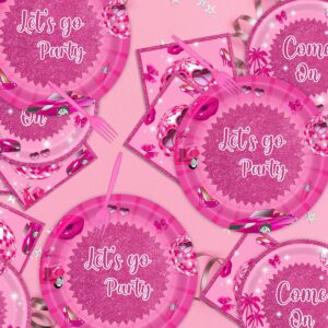 96 Pcs Let's Go Party Pink Plates and Napkins Party Supplies Kids Girls Bachelorette Bridal Shower Hot Pink Princess Happy Birthday Tableware Set Disco Table Decorations Favors Serves 24 Guests