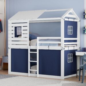 linique twin size bunk wood house bed with blue tent,window,house roof design,twin size floor bunkbeds frame for boys & girls,blue+white