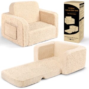 acrabros kids couch toddler chair: sofa bed fold out for girls boys beige