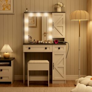 31.5" Makeup Vanity Desk with Mirror and Light, Farmhouse White Vanity with Power Outlet 2 Drawers, 3 Color Lighting Mode, Bedroom Vanity Desk for Girl, Women (31.5inch)