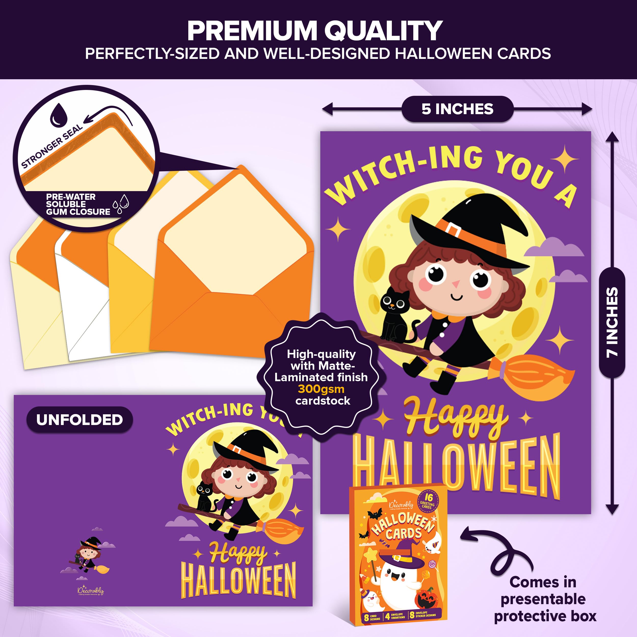 Decorably 16 Pack Halloween Cards with Envelopes & Stickers, 8 Designs Printed Message Inside Halloween Cards for Kids, 5x7in Halloween Cards and Envelopes for Kids, Halloween Greeting Cards for Kids