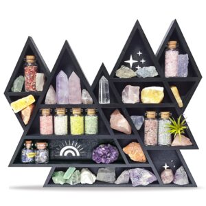 fnydox mountain crystal shelf display for wall, wooden triangle rock gem stone storage holder, meditation room decor spiritual gift, wall hanging organizer for trinkets, knick knacks, art collections