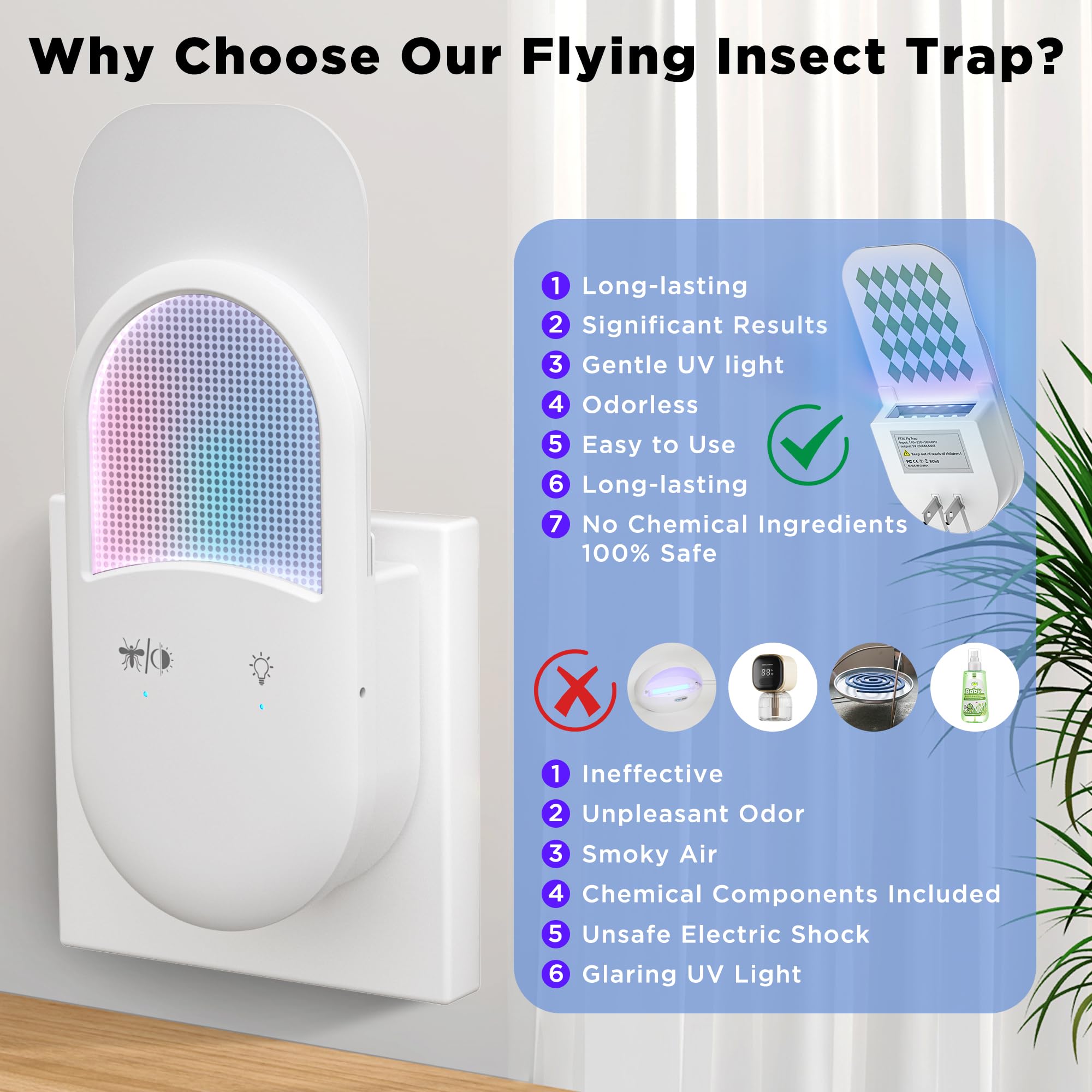 Fly Trap Indoor Plug-in 2-in-1 Flying Insect Trap with 7pcs Fly Trap Refill, Indoors Fly Trap Mosquito Trap with Night Light Gnat Traps for House Indoor Fly Trap for Moths Other Flying Insects