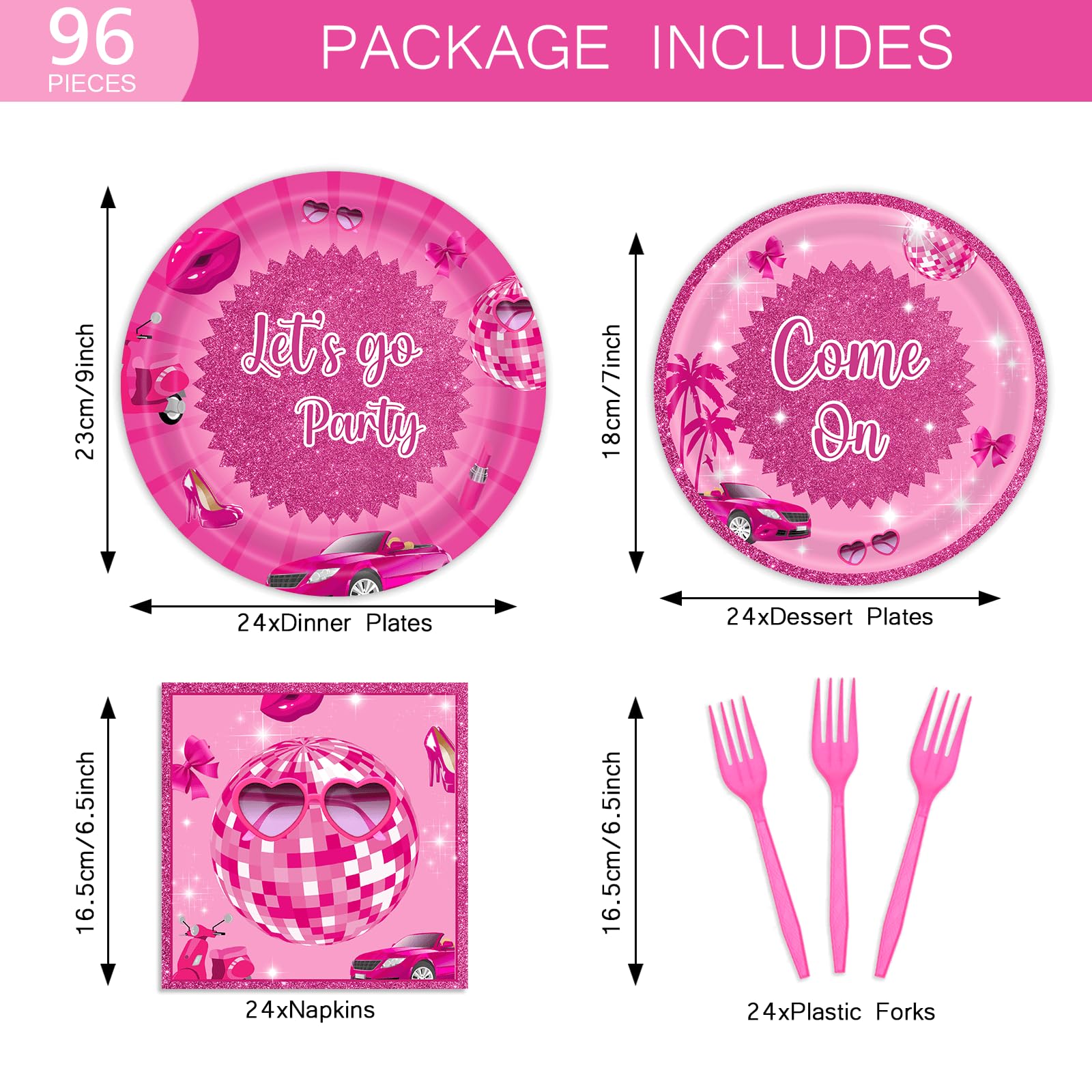 96 Pcs Let's Go Party Pink Plates and Napkins Party Supplies Kids Girls Bachelorette Bridal Shower Hot Pink Princess Happy Birthday Tableware Set Disco Table Decorations Favors Serves 24 Guests