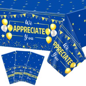 chunnin 3pcs we appreciate you table cloth thank you decorations for work anniversary party disposable plastic blue and gold table cover for coworker employee volunteer teacher appreciation supplies