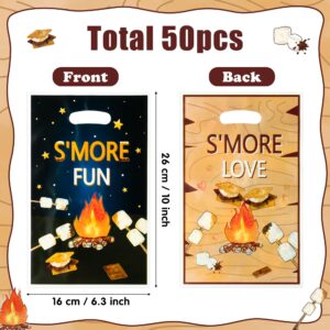 ArowlWesh S’more Camping Party Favor Bags - 50Pcs Plastic S’more Love Candy Treat Gift Bag with Handles Fun Snack Goodie Bags Campfire Camping Party S’more Birthday Supplies Baby Shower Wedding Decor