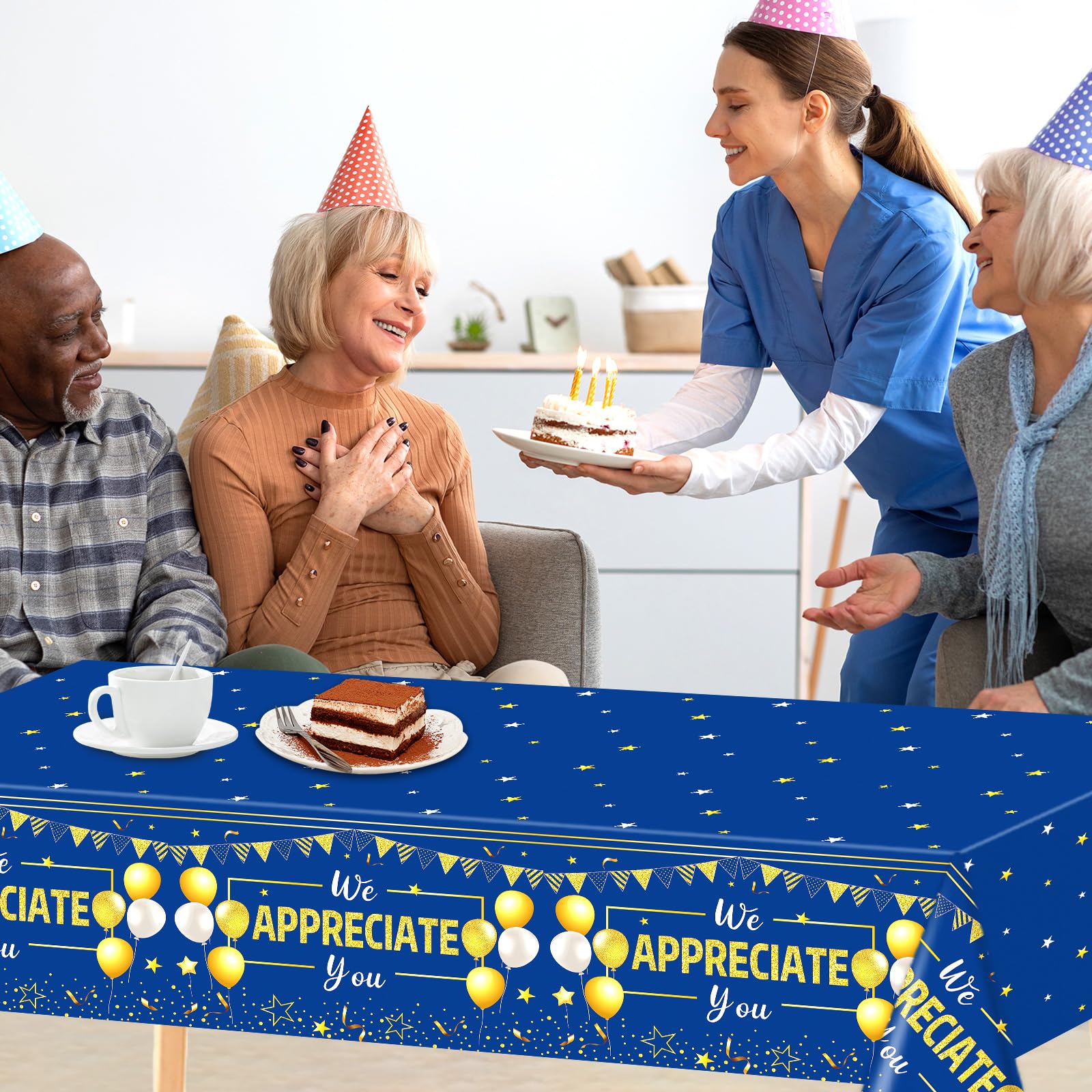 CHUNNIN 3pcs We Appreciate You Table Cloth Thank You Decorations for Work Anniversary Party Disposable Plastic Blue and Gold Table Cover for Coworker Employee Volunteer Teacher Appreciation Supplies