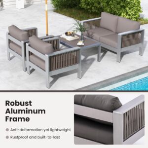 Tangkula Patio Aluminum Loveseat Sofa, Outdoor Furniture Set with Thick Back & Seat Cushions, Outside 2 Seats Sofa Conversation Set for Yard, Balcony, Garden (Gray)