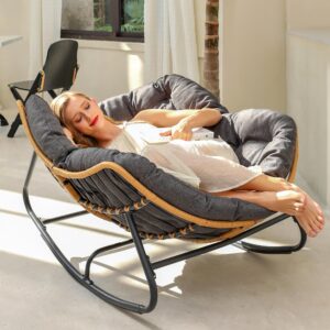 micleed outdoor patio rocking chair, indoor oversized chair with cushion, wicker papasan chair for living room, porch, garden, lawn-dark grey