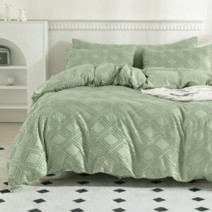 jellymoni light green duvet cover full size - 3 pcs microfiber tufted duvet cover set, boho textured duvet cover jacquard rhombus geometric pattern duvet cover with corner ties & zipper closure