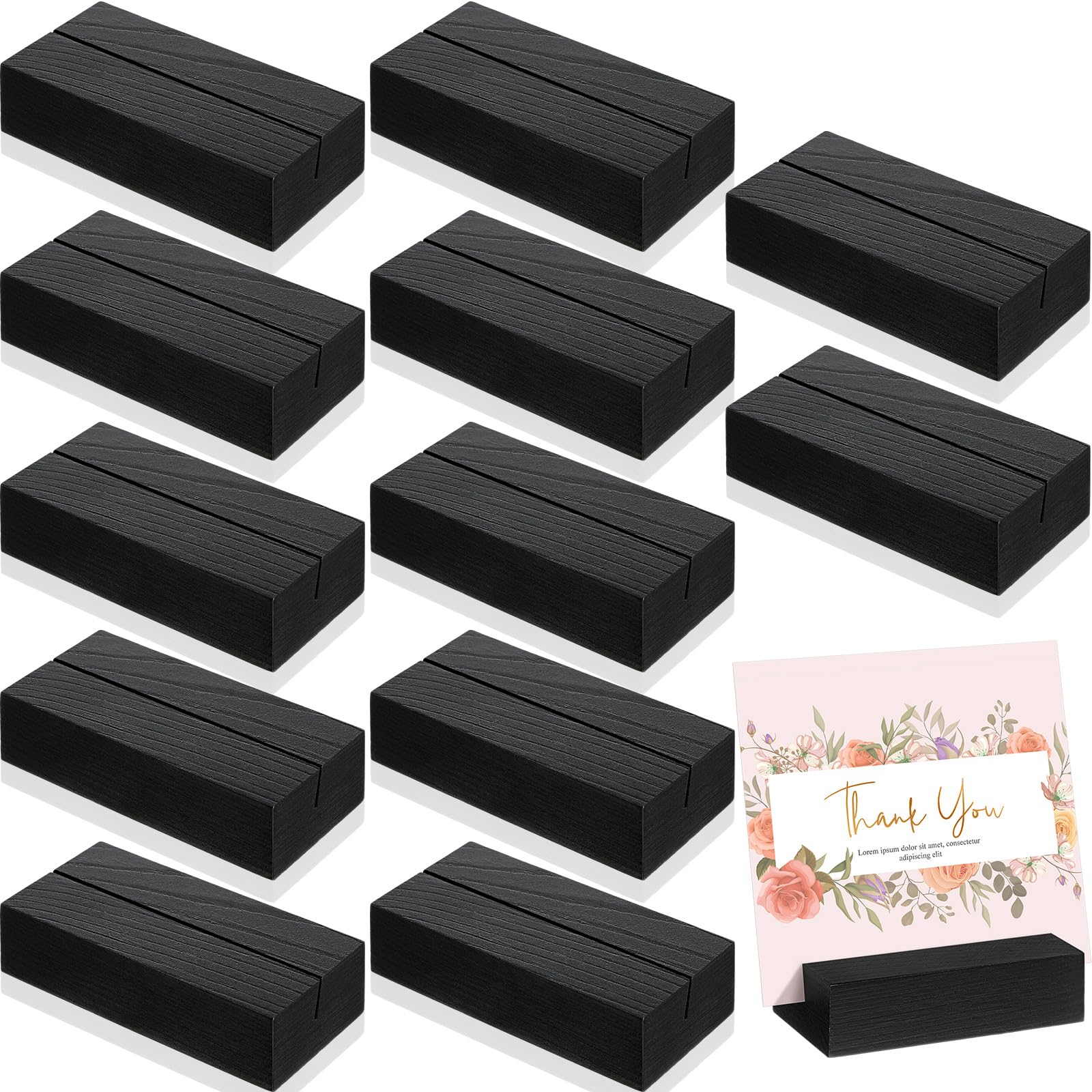 Zonon 12 Pcs Wood Place Card Holders Black Wooden Table Number Holder Stands Name Card Holder for Wedding Party Events Exhibition Decoration Office Restaurant Business (3 x 1.6 x 0.8 Inch)