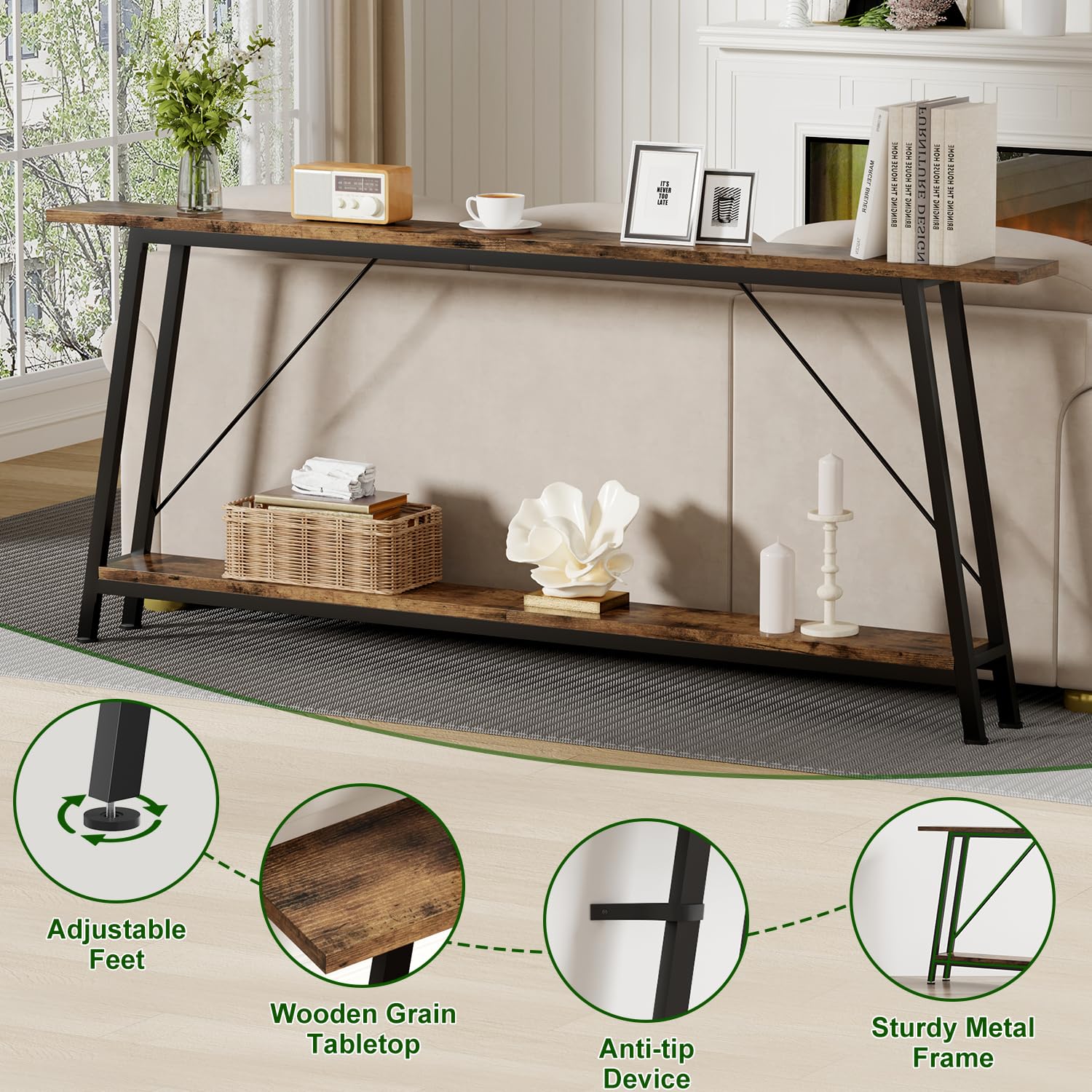 IBUYKE 78.7 Inches Extra Long Sofa Table Behind Couch, Industrial 2-Layer Console Table for Hallway, Entryway & Living Room,Rustic Brown UTMJ063H