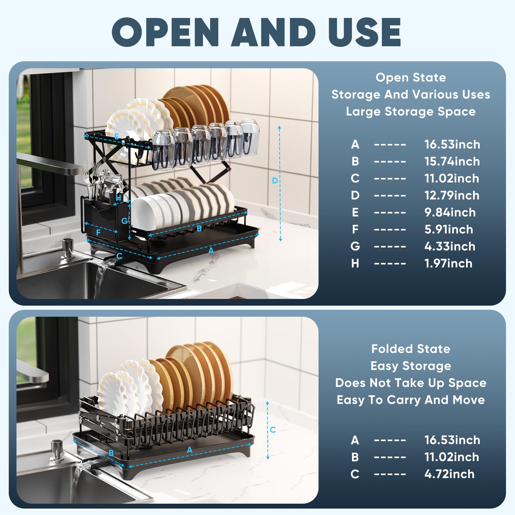 Jifvrnk Dish Drying Rack Collapsible & Rustproof, 2 Tier Dish Rack with Drainboard, Wine Glass Holder & Utensil Holder, Dish Racks for Kitchen Counter, Dish Drainer, Black