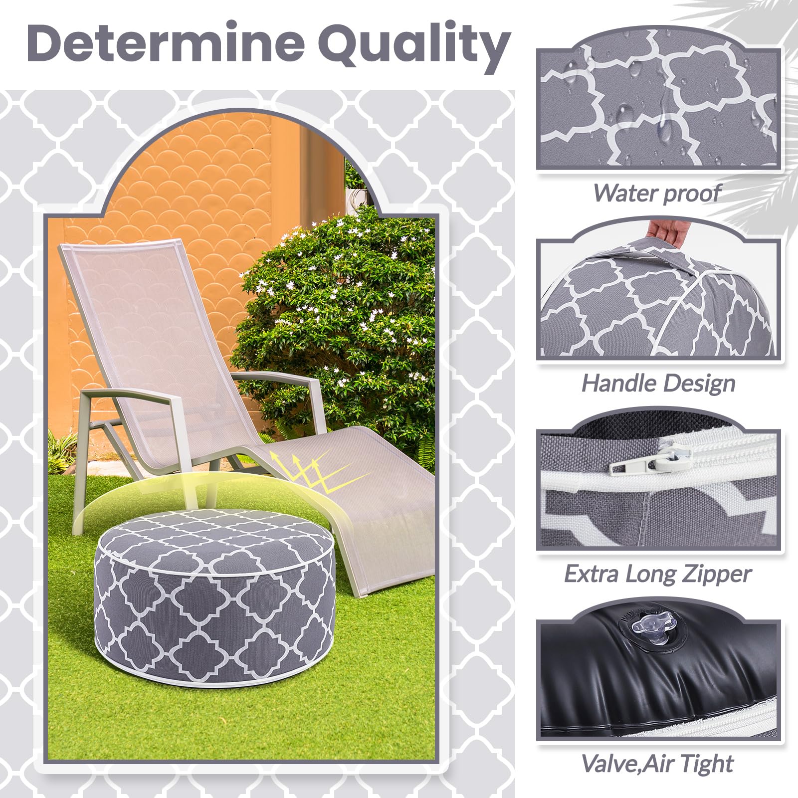 Juexica 2 Pack Outdoor/Indoor Inflatable Ottoman, All Weather Round Pouf with Handle D21 x H9, Water Repellent Portable Footstool Pouf for Patio Garden Camping or Home