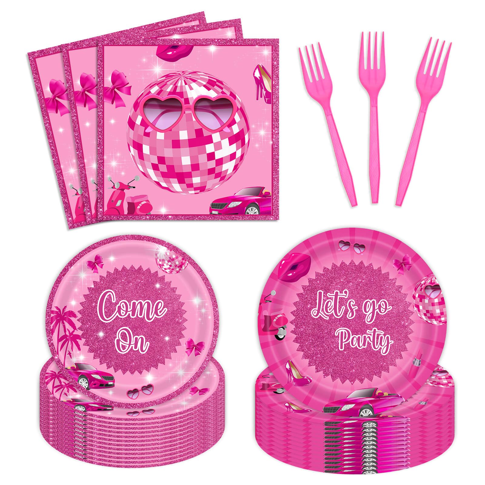 96 Pcs Let's Go Party Pink Plates and Napkins Party Supplies Kids Girls Bachelorette Bridal Shower Hot Pink Princess Happy Birthday Tableware Set Disco Table Decorations Favors Serves 24 Guests