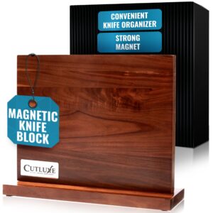 cutluxe magnetic knife holder – magnetic knife block, acacia wood knife stand for kitchen counter, slim & double sided, powerful magnet strips, organized storage rack & modern display board