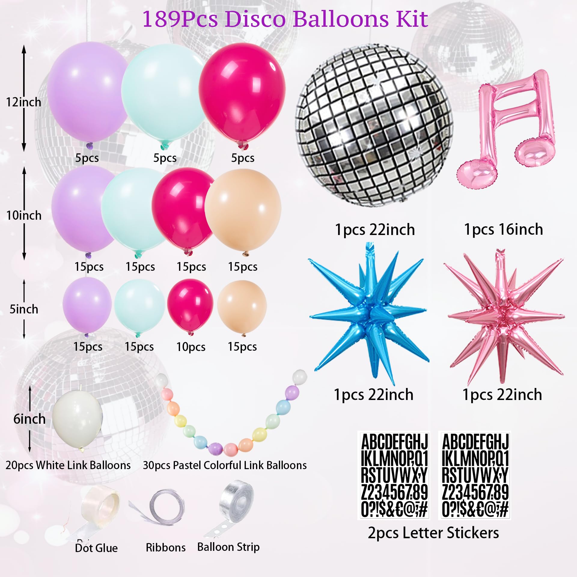 189Pcs Pink Purple Balloon Garland In My Teenage Era Princess Birthday Decorations Disco Ball Balloons For Music Themed backdrop,Friendship Bracelet Banner, Baby Shower,Bridal，Bachelorette Party