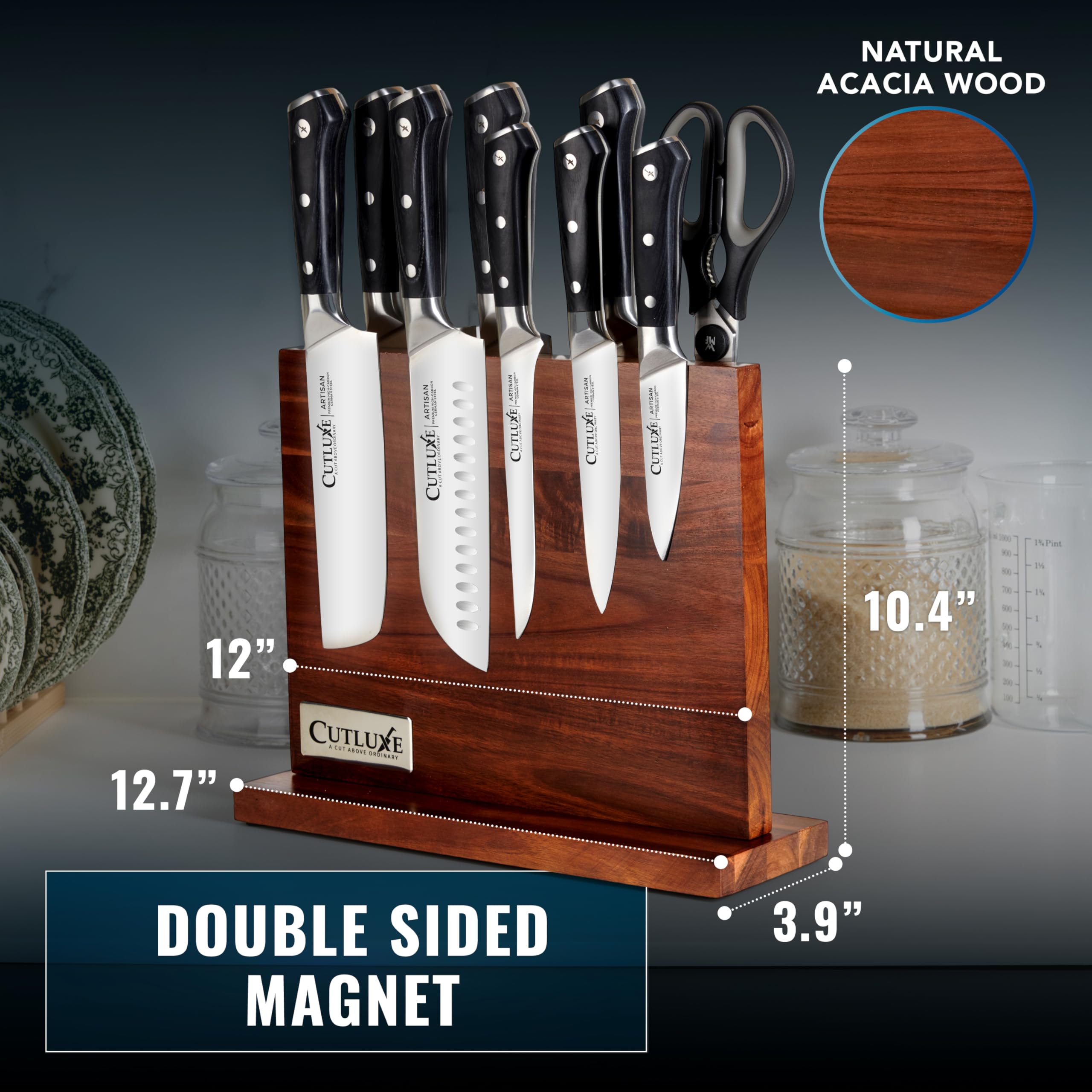 Cutluxe Magnetic Knife Holder – Magnetic Knife Block, Acacia Wood Knife Stand for Kitchen Counter, Slim & Double Sided, Powerful Magnet Strips, Organized Storage Rack & Modern Display Board