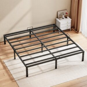 kkl queen bed frame, 14 inch heavy duty steel platform with mattress anti-slip rods, bed frame with underneath storage space, no box spring needed, easy assembly, black