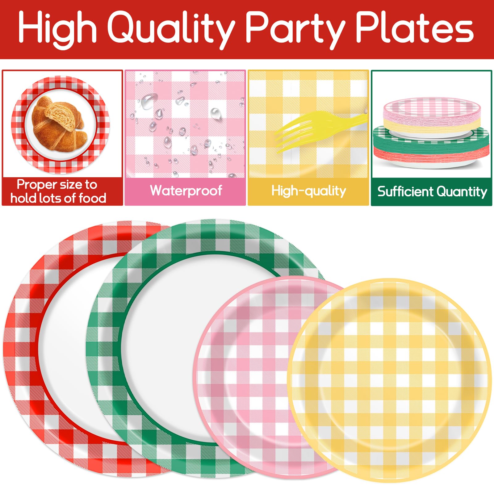 ojustbeok 48 Pcs Camp Gingham Paper Plates Gingham Checkered Bachelorette Party Supplies Glamping Birthday Dinner Plates Summer Bridal Shower Decorations Camping Themed Party Favors Baby Shower