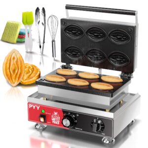 pyy commercial waffle maker - 6pcs strange shape abalone waffle iron machine, electric stainless steel double sided removable plates, 1600w 122-572℉ temp control | black non-stick coating | crumb tray