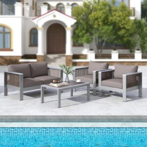 Tangkula Patio Aluminum Loveseat Sofa, Outdoor Furniture Set with Thick Back & Seat Cushions, Outside 2 Seats Sofa Conversation Set for Yard, Balcony, Garden (Gray)