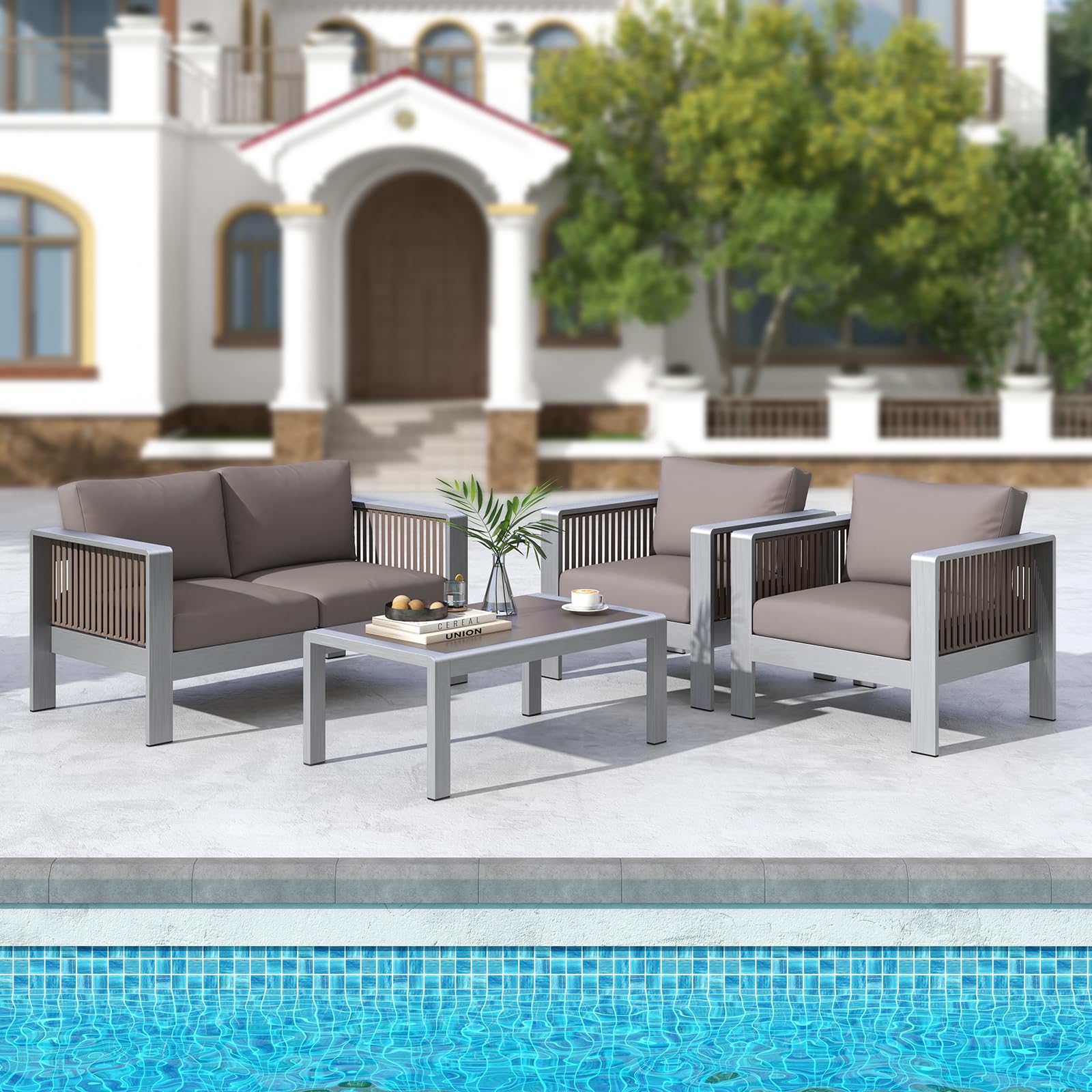 Tangkula Patio Aluminum Loveseat Sofa, Outdoor Furniture Set with Thick Back & Seat Cushions, Outside 2 Seats Sofa Conversation Set for Yard, Balcony, Garden (Gray)