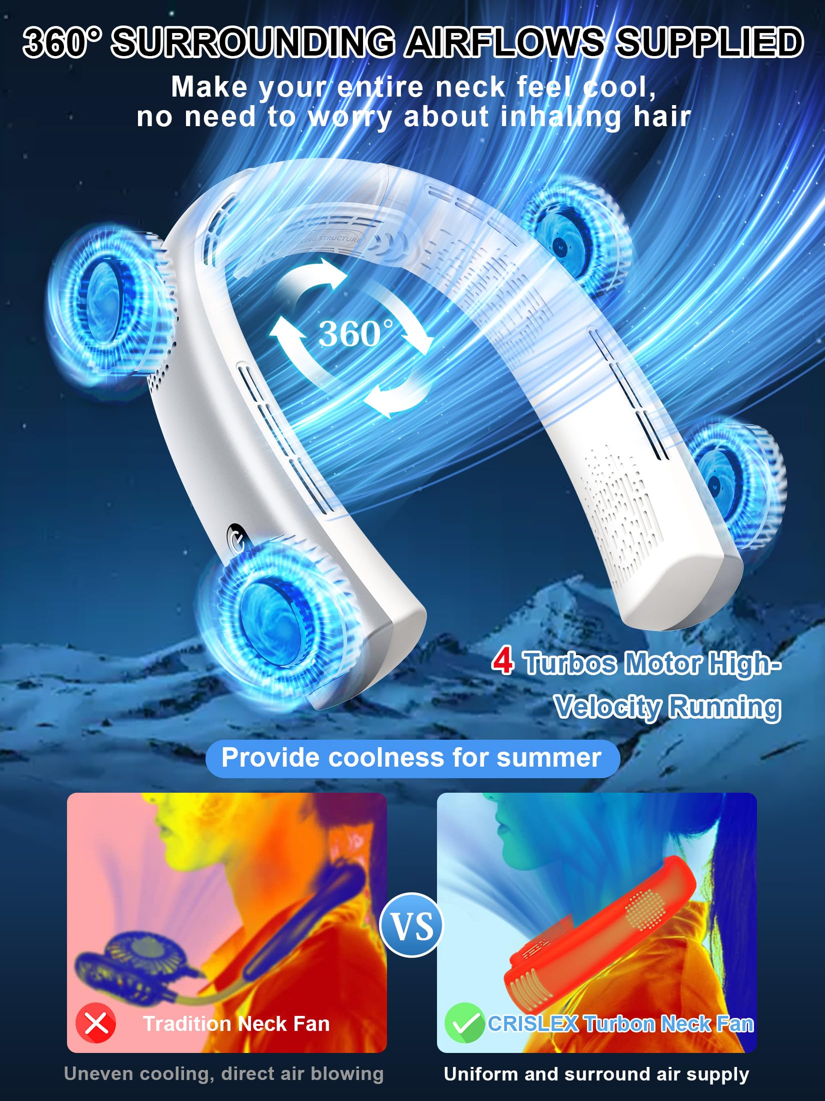 Portable Neck Fan Rechargeable 7000mAh, Bladeless 360° Airflow Cooling Neck Fan Cooler with Necksupport, Quiet Wearable Hands-Free Personal Fan, 4 Turbo, Display, Portable Fan for Hot Flashes/ Travel