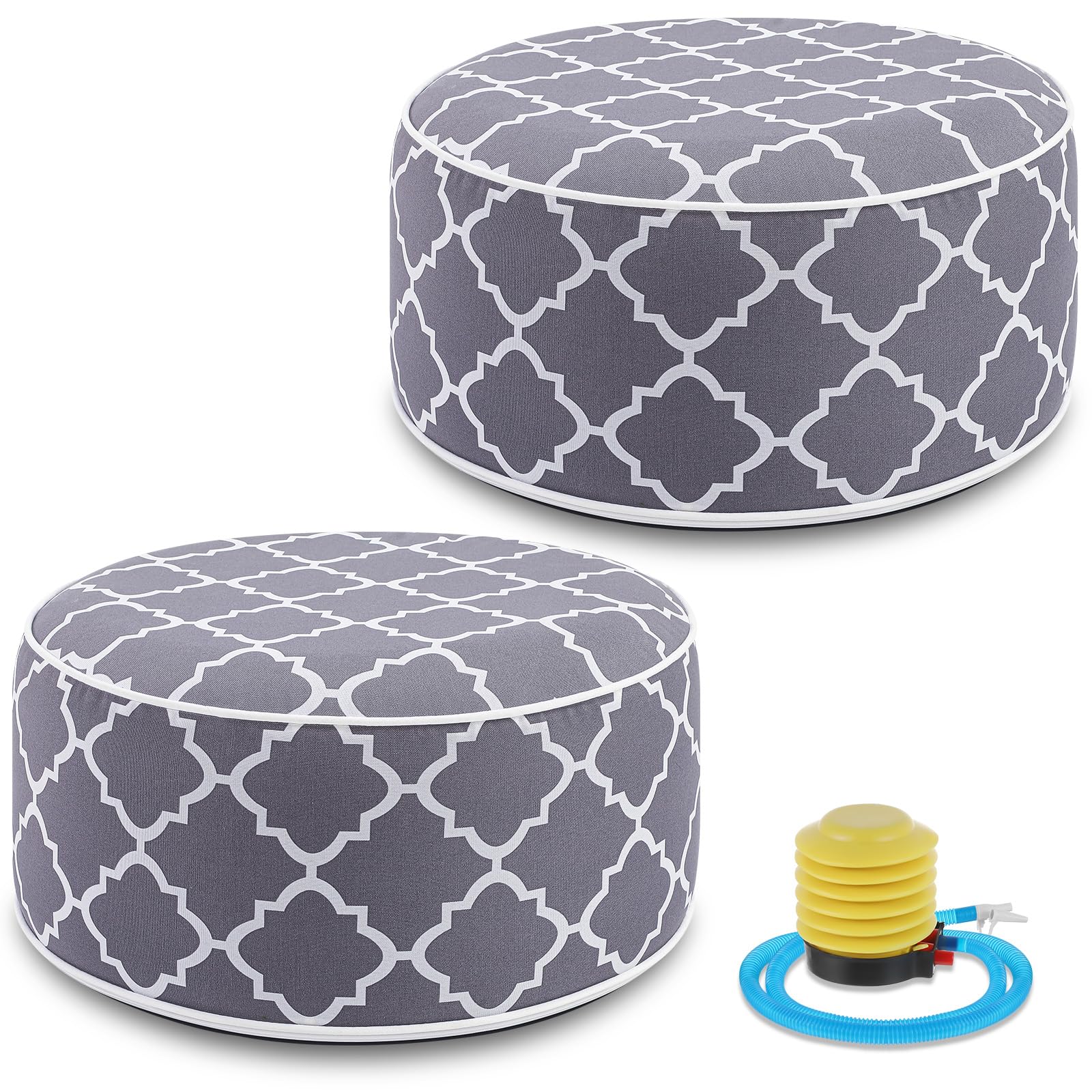 Juexica 2 Pack Outdoor/Indoor Inflatable Ottoman, All Weather Round Pouf with Handle D21 x H9, Water Repellent Portable Footstool Pouf for Patio Garden Camping or Home