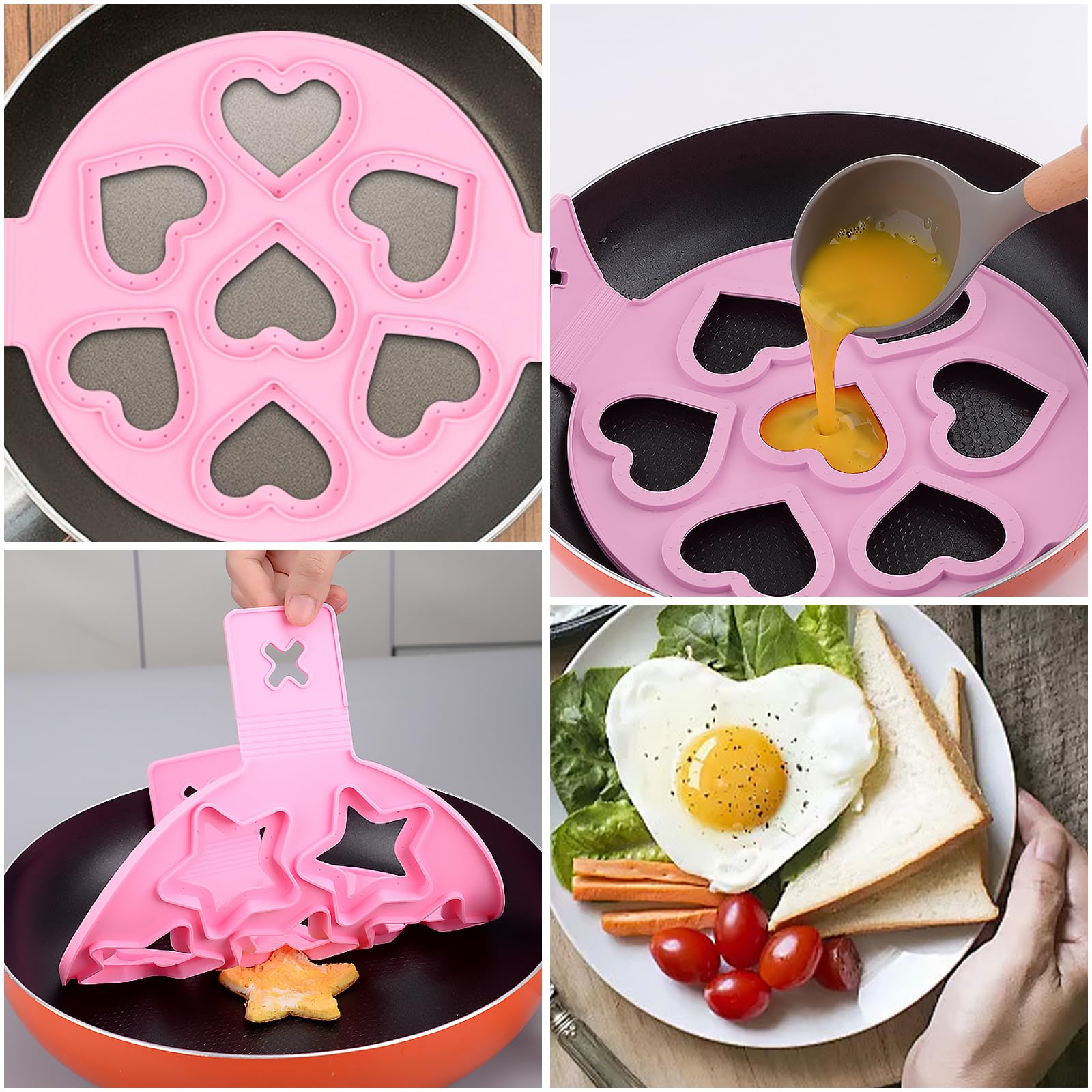 BASEPOW 3 Pcs Silicone Pancake Mold,Flip N Cook Pancake Maker,Reusable Egg Mold Ring Pancake Maker (Pink)