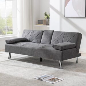 VECELO Modern Convertible Folding Futon Sofa Bed with Removable Armrests, Breathable Linen Recliner Couch for Living Room/Apartment Lounge, 2 Cup Holders, Drak Grey