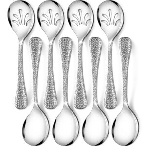 teivio hammered stainless steel metal serving utensils set of 8, 10" serving spoons, 10" slotted spoons, large hostess serving set for parties chafing dish buffet catering (silver)